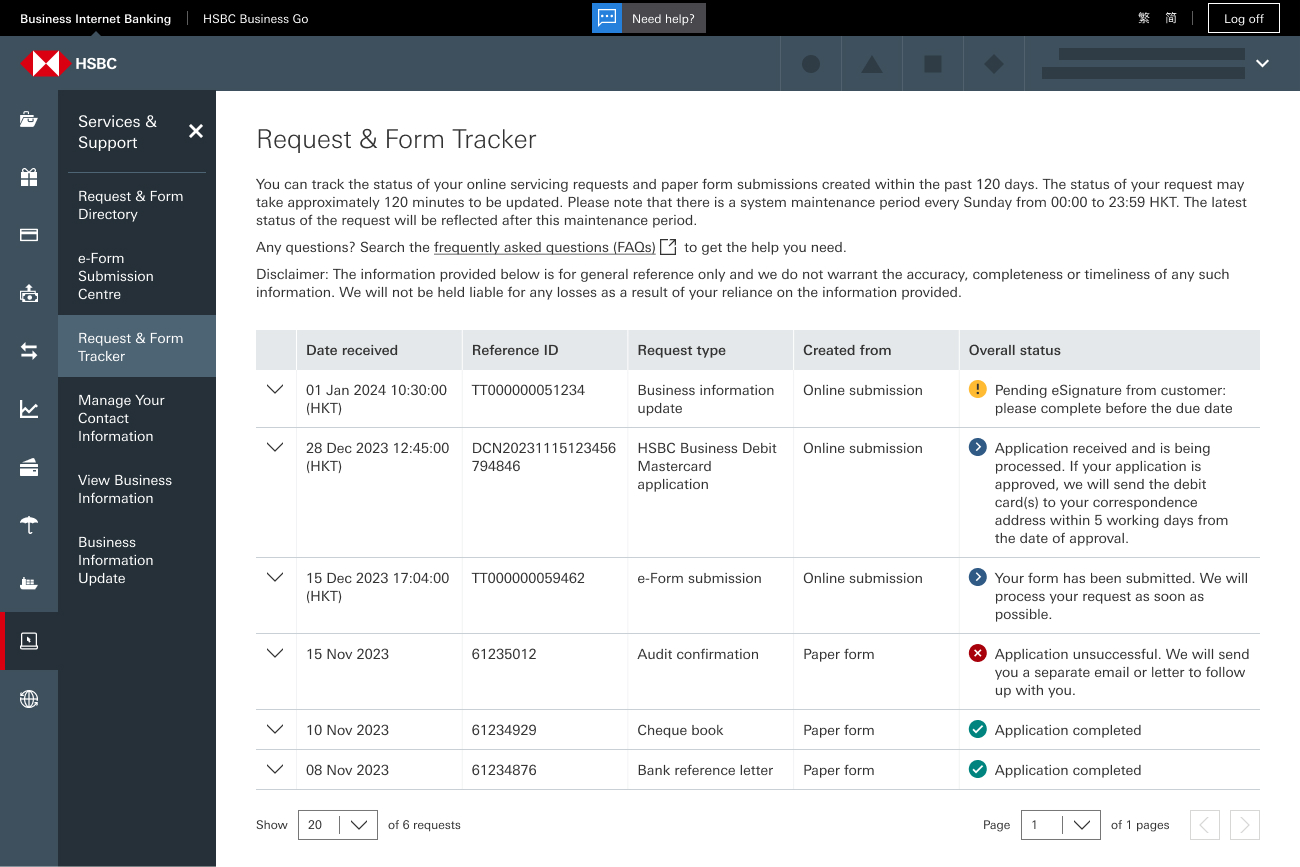 Business Internet Banking: Request & Form Tracker | HSBC Commercial Banking